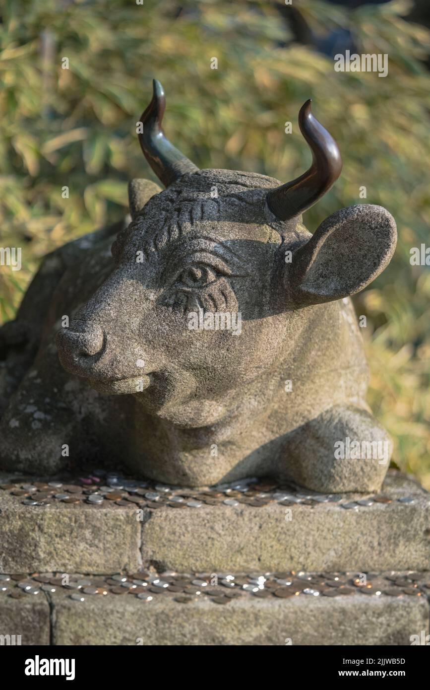 Buddhist stone statue of a bull lying with coins placed as an offering ...