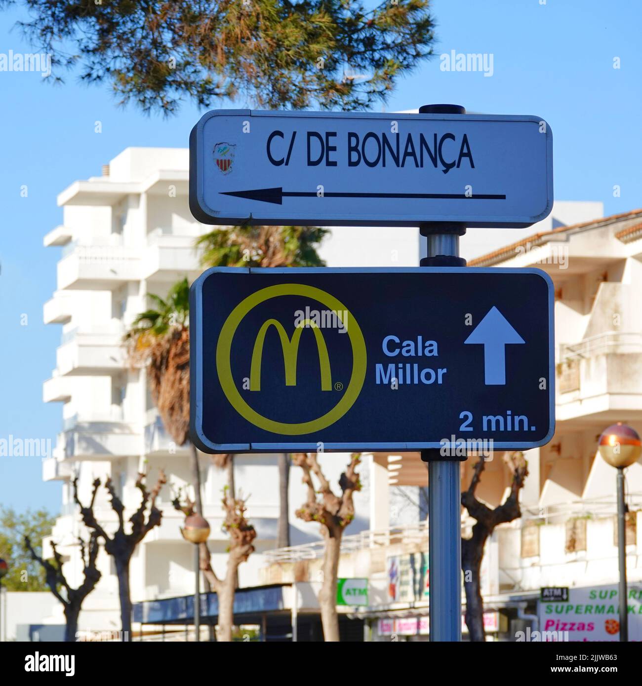 Picture shows a street sign on Calle de Bonanca in Cala Millor ...