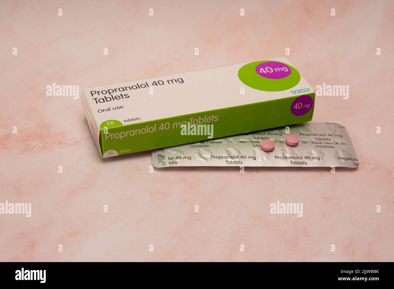 Propranol 40mg tablets box, with two pills on blister pack Stock Photo ...