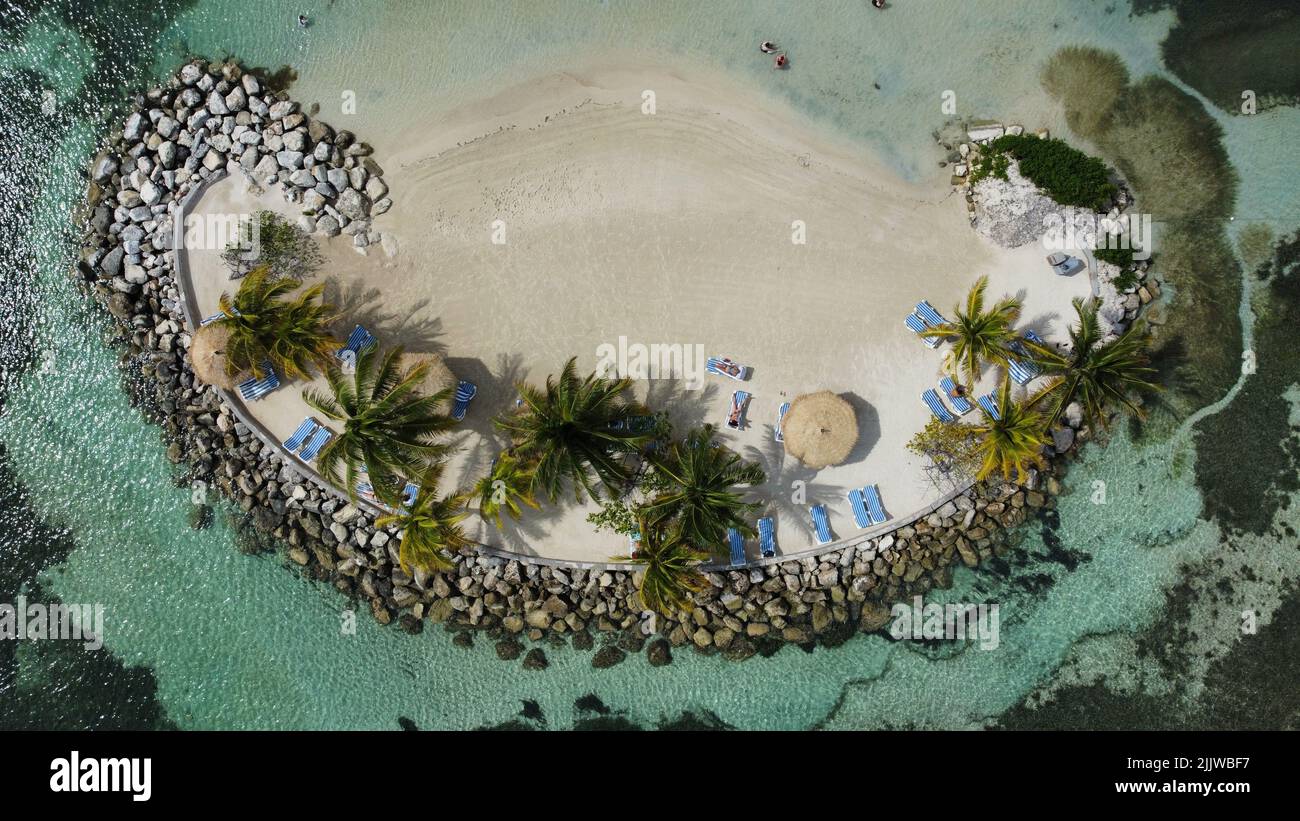 An aerial of a beach covered with greenery and beach chairs against a ...