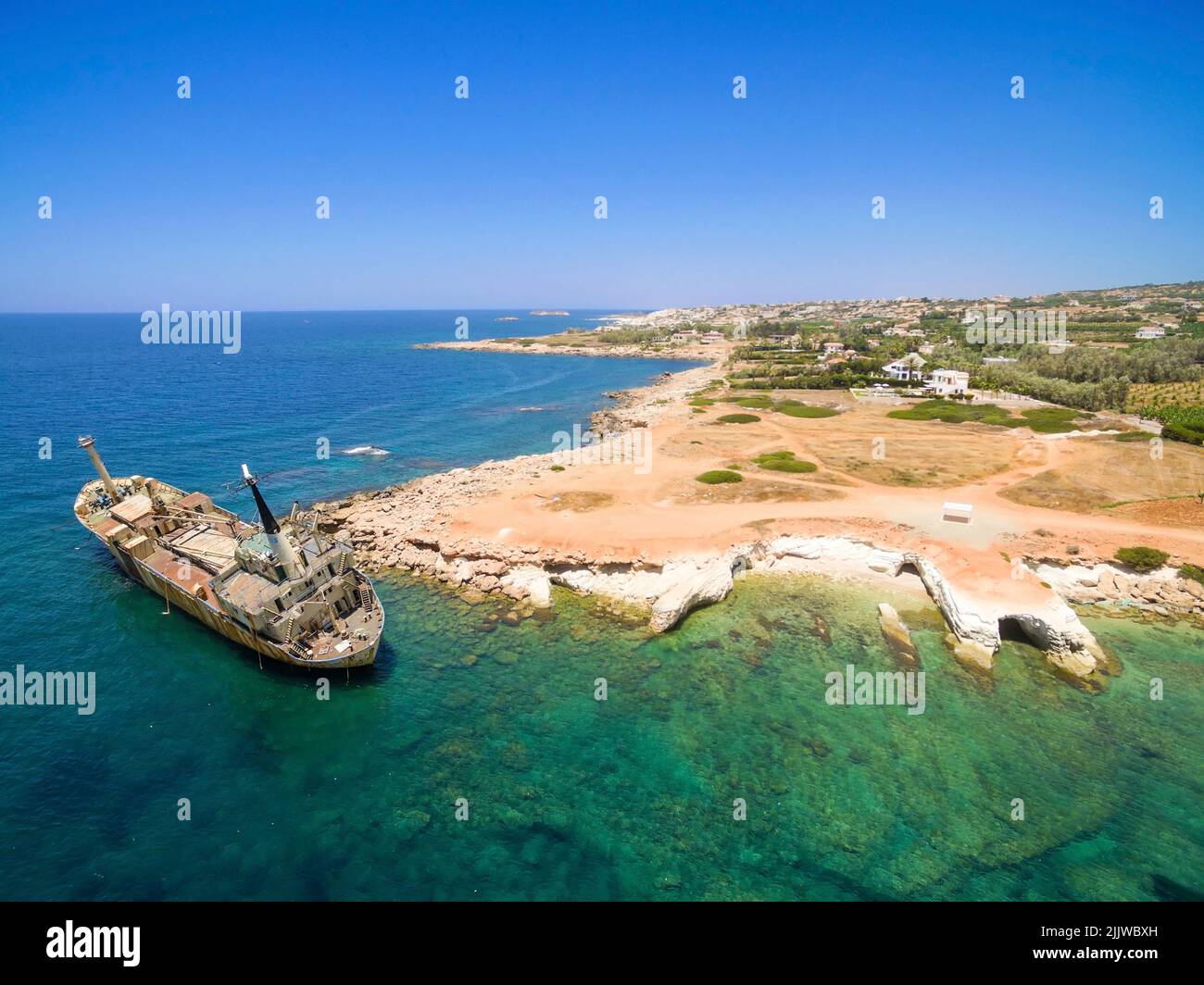 Aerial view of the abandoned ship wreck EDRO III in Pegeia, Paphos ...