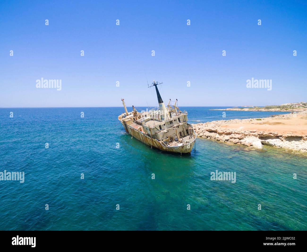 Aerial view of the abandoned ship wreck EDRO III in Pegeia, Paphos ...