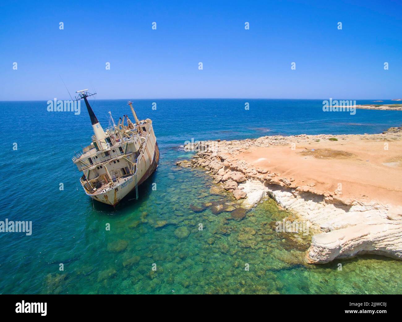 Aerial view of the abandoned ship wreck EDRO III in Pegeia, Paphos ...