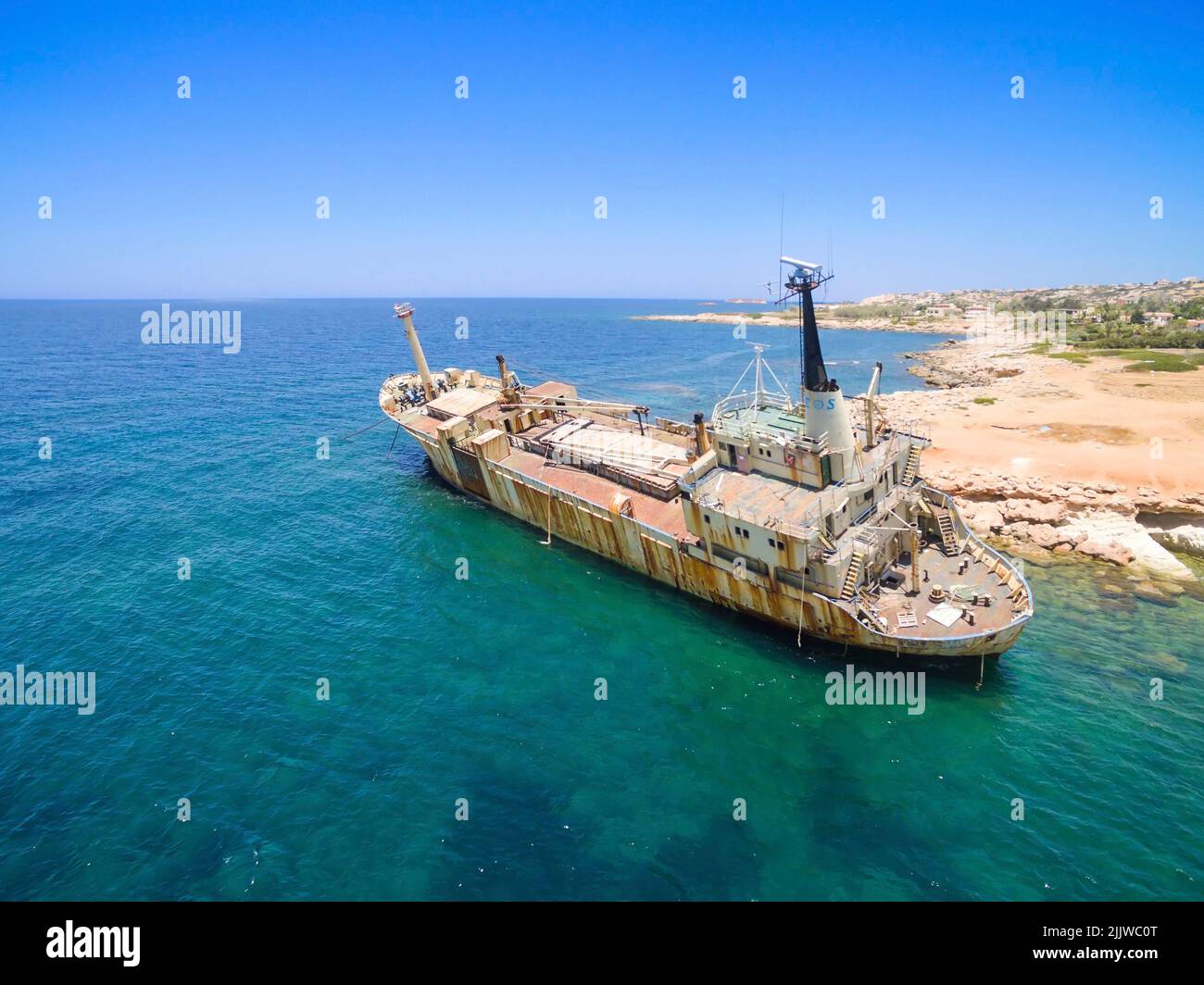 Aerial view of the abandoned ship wreck EDRO III in Pegeia, Paphos ...