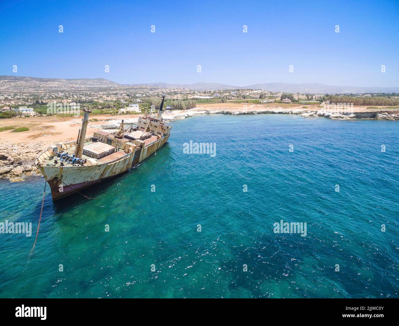 Aerial view of the abandoned ship wreck EDRO III in Pegeia, Paphos ...