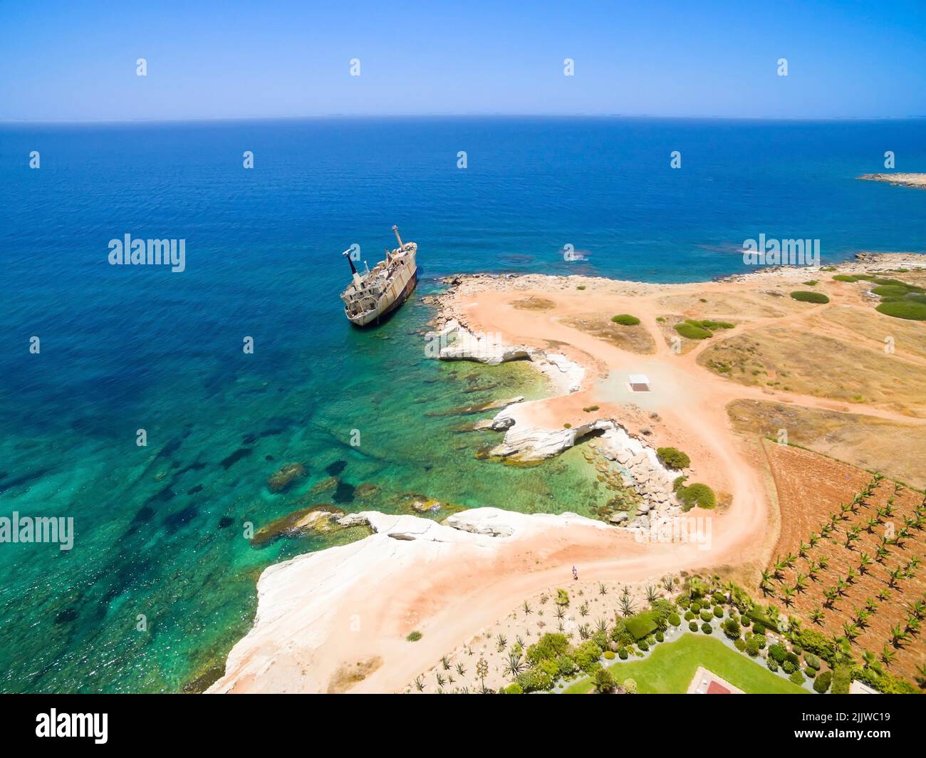 Aerial view of the abandoned ship wreck EDRO III in Pegeia, Paphos ...