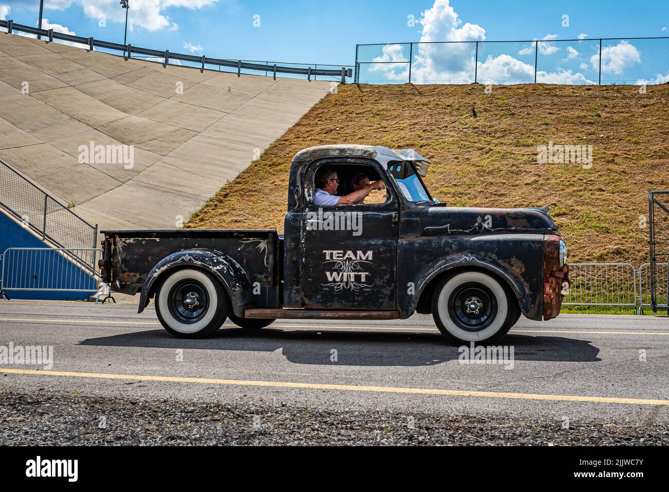 Lebanon, TN - May 14, 2022: Wide angle full side view of an old 1950 ...