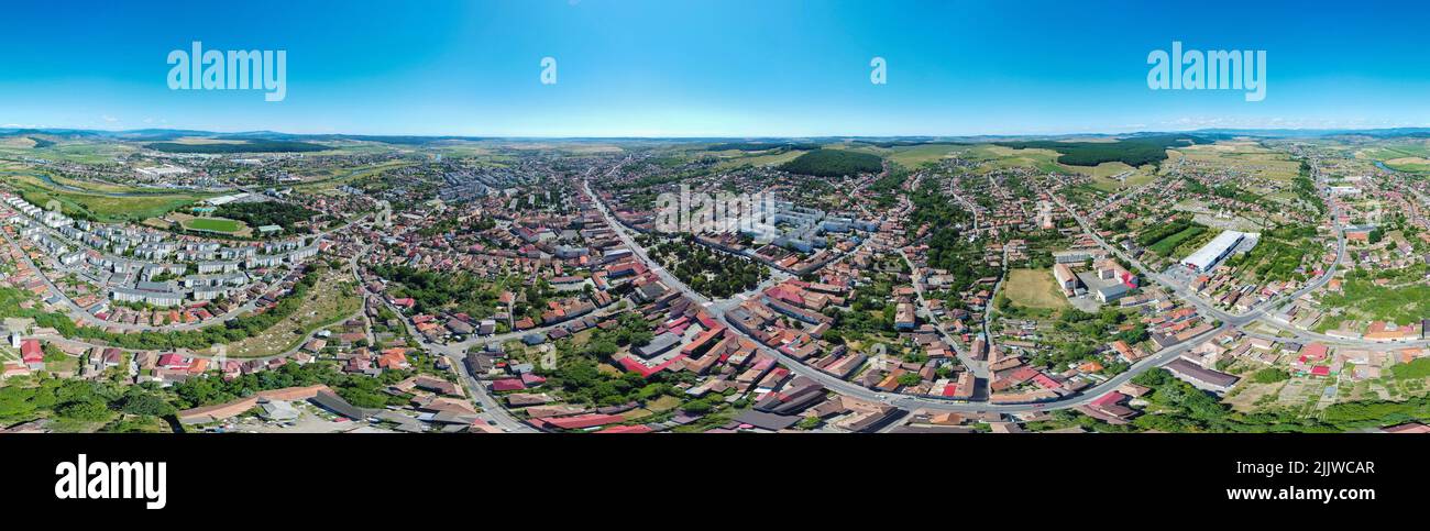 Panoramic landscape of Reghin city - Romania seen from above, wide ...