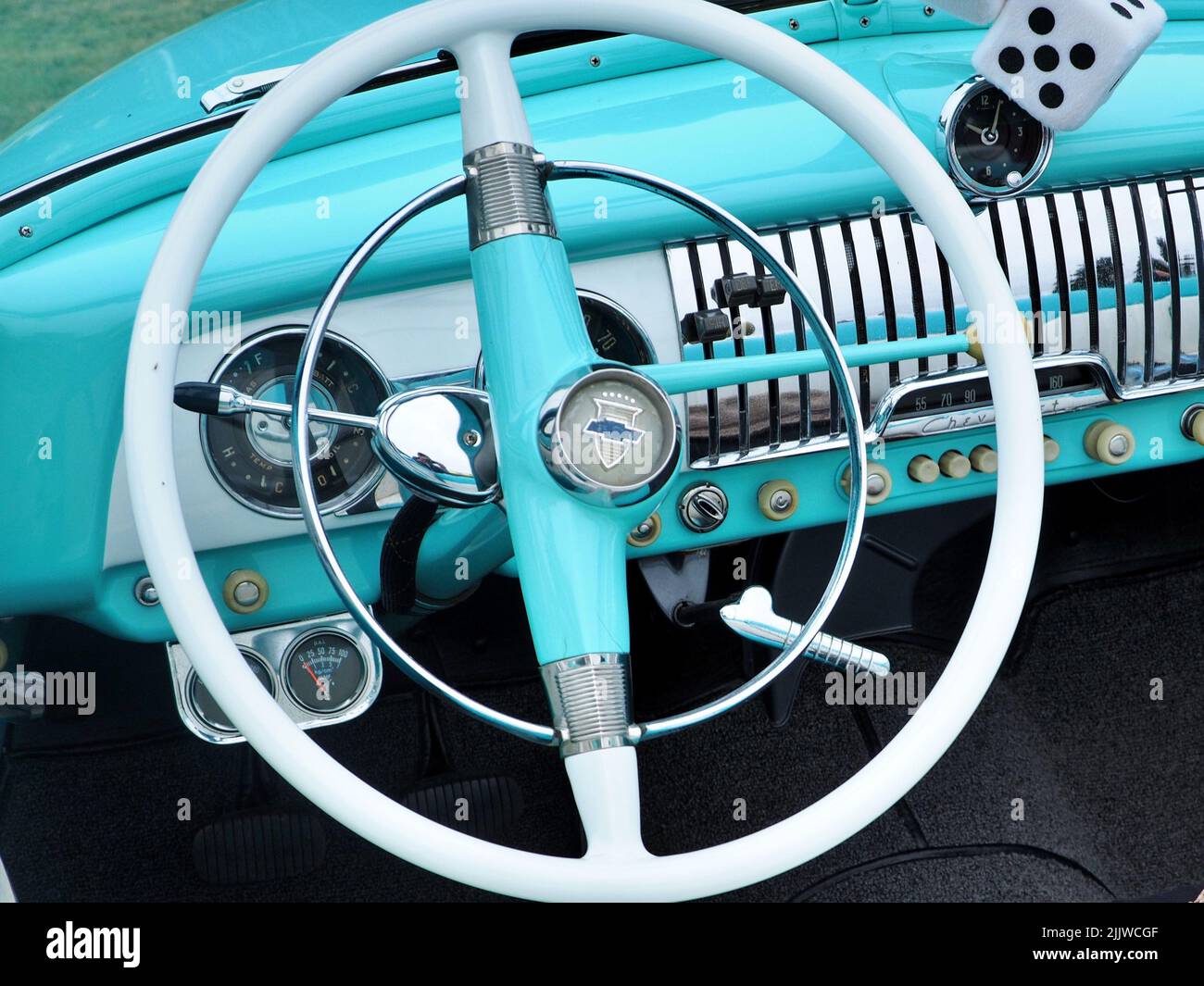The close-up view of the blue Chevrolet bel air classic car wheel Stock ...