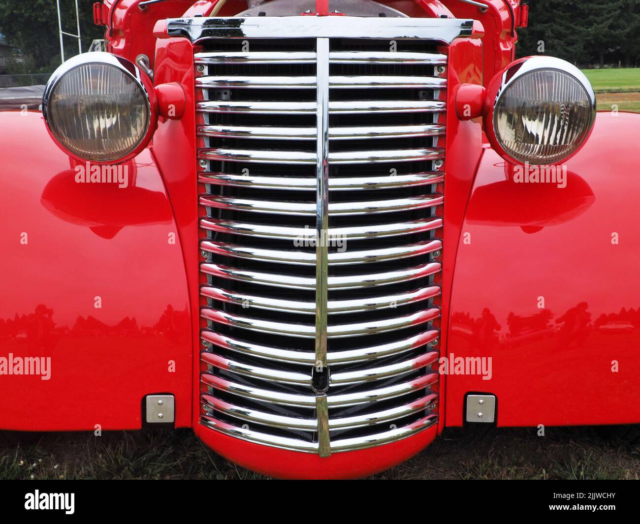 The close-up partial view of the red classic Chevrolet master car Stock ...