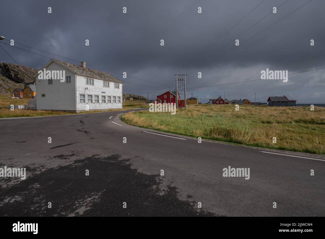 The small village of Hamningberg, Finnmark, Norway under the dark ...