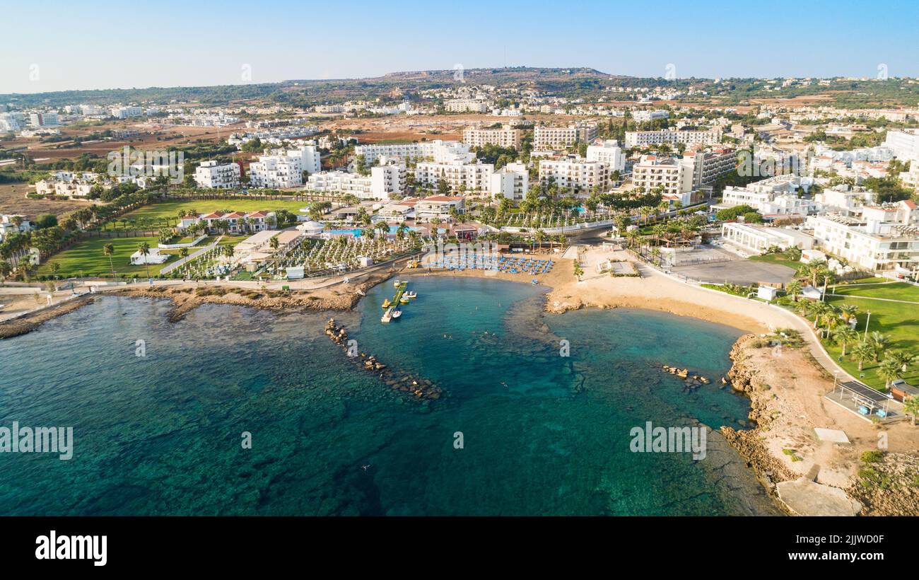 Aerial bird's eye view of Pernera beach in Protaras, Paralimni ...