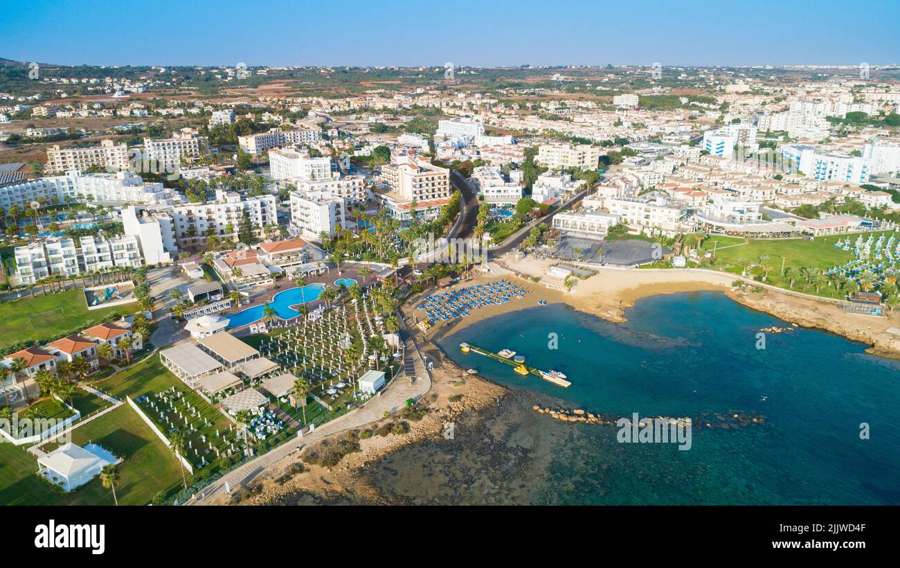 Aerial bird's eye view of Pernera beach in Protaras, Paralimni ...