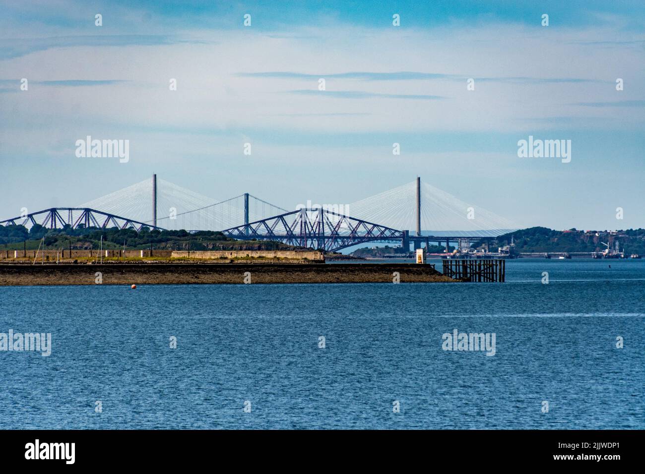 A view of the 3 bridges across the Forth from Newhaven Harbour Stock ...