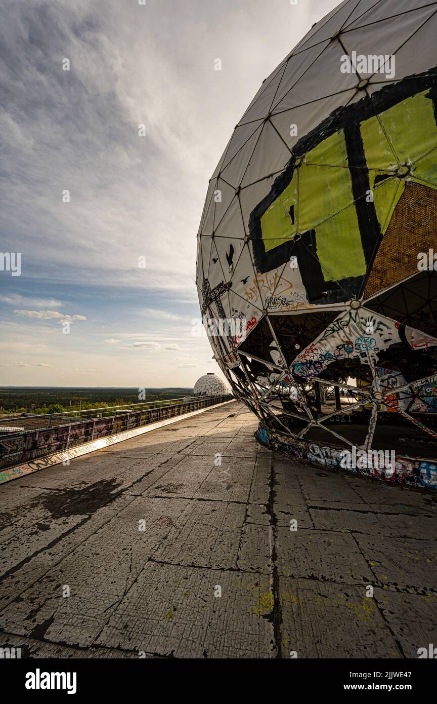 A close-up shot of the NSA listening station on Teufelsberg in Berlin ...