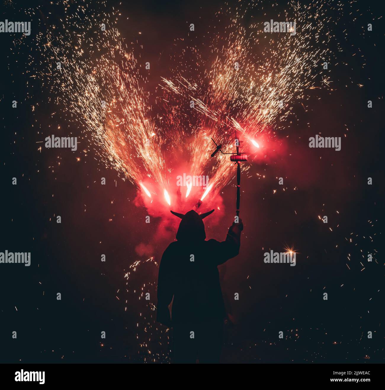 Bright celebration of Correfoc Diablo fiesta mayor (Ball de diables ...