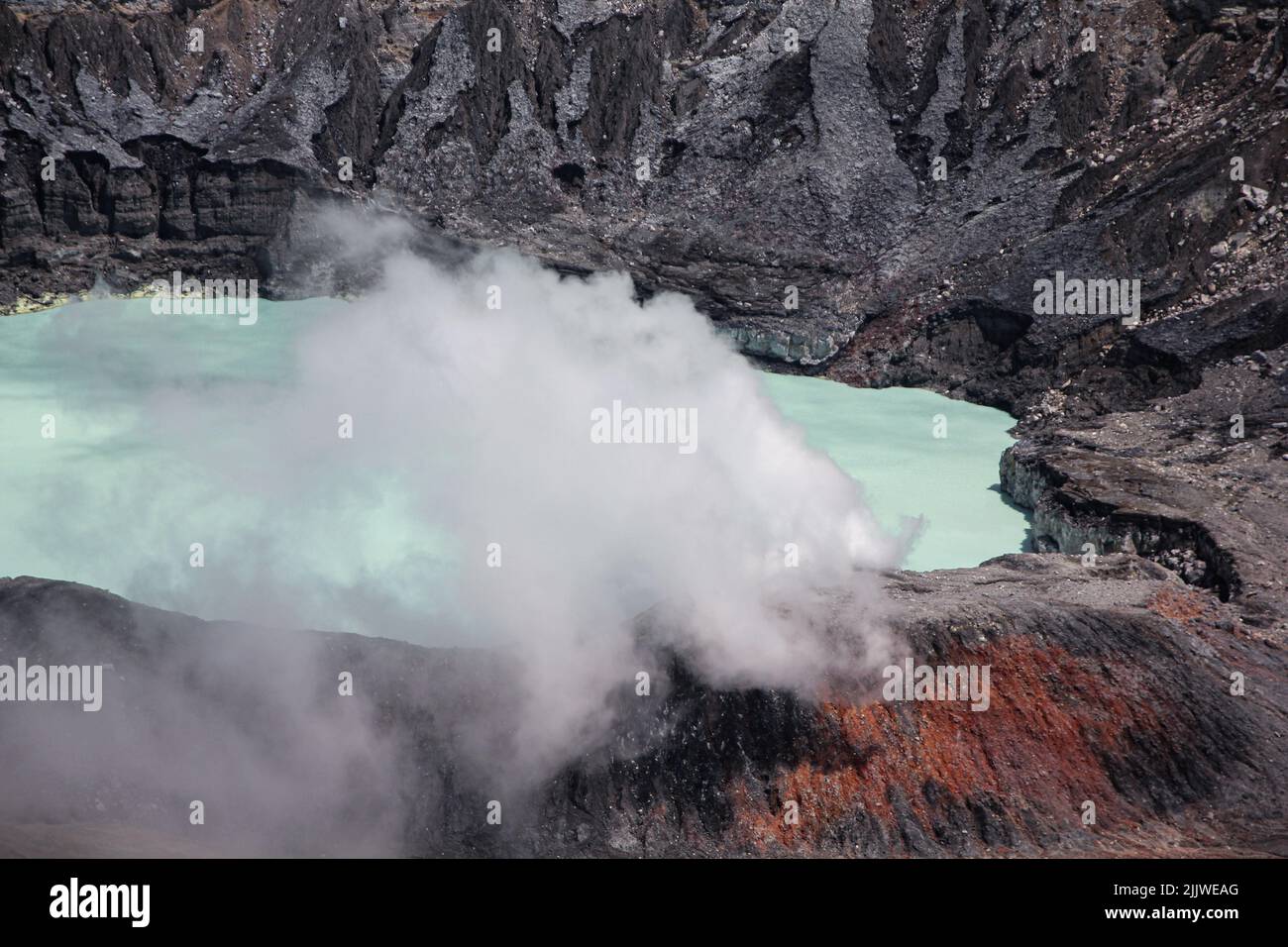 An aerial view of the Poas Volcano partly in fog in Costa Rica Stock ...