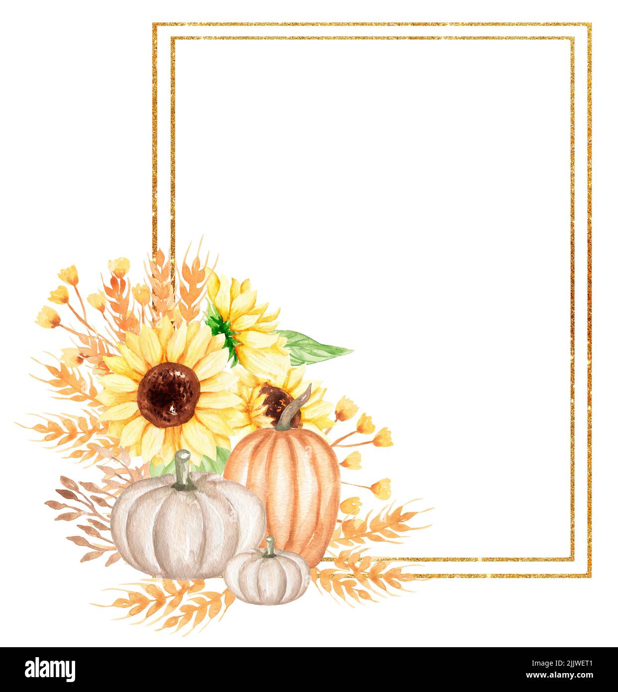 Sunflower, wheat and pumpkins Frame Clipart, Watercolor Thanksgiving ...