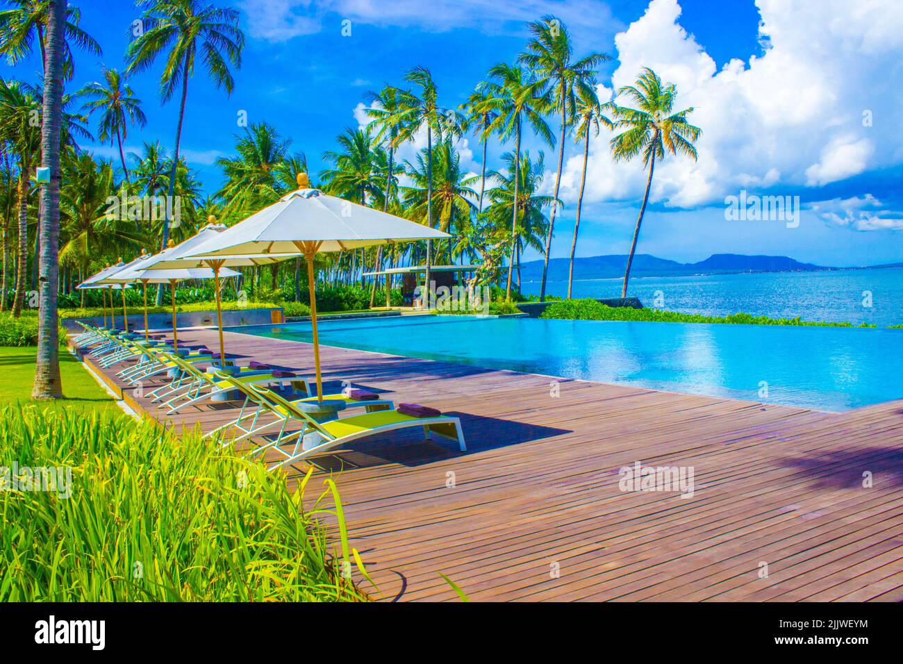 Beautiful tropical beach front hotel resort with swimming pool, umbrella, coconuts tree sun ...