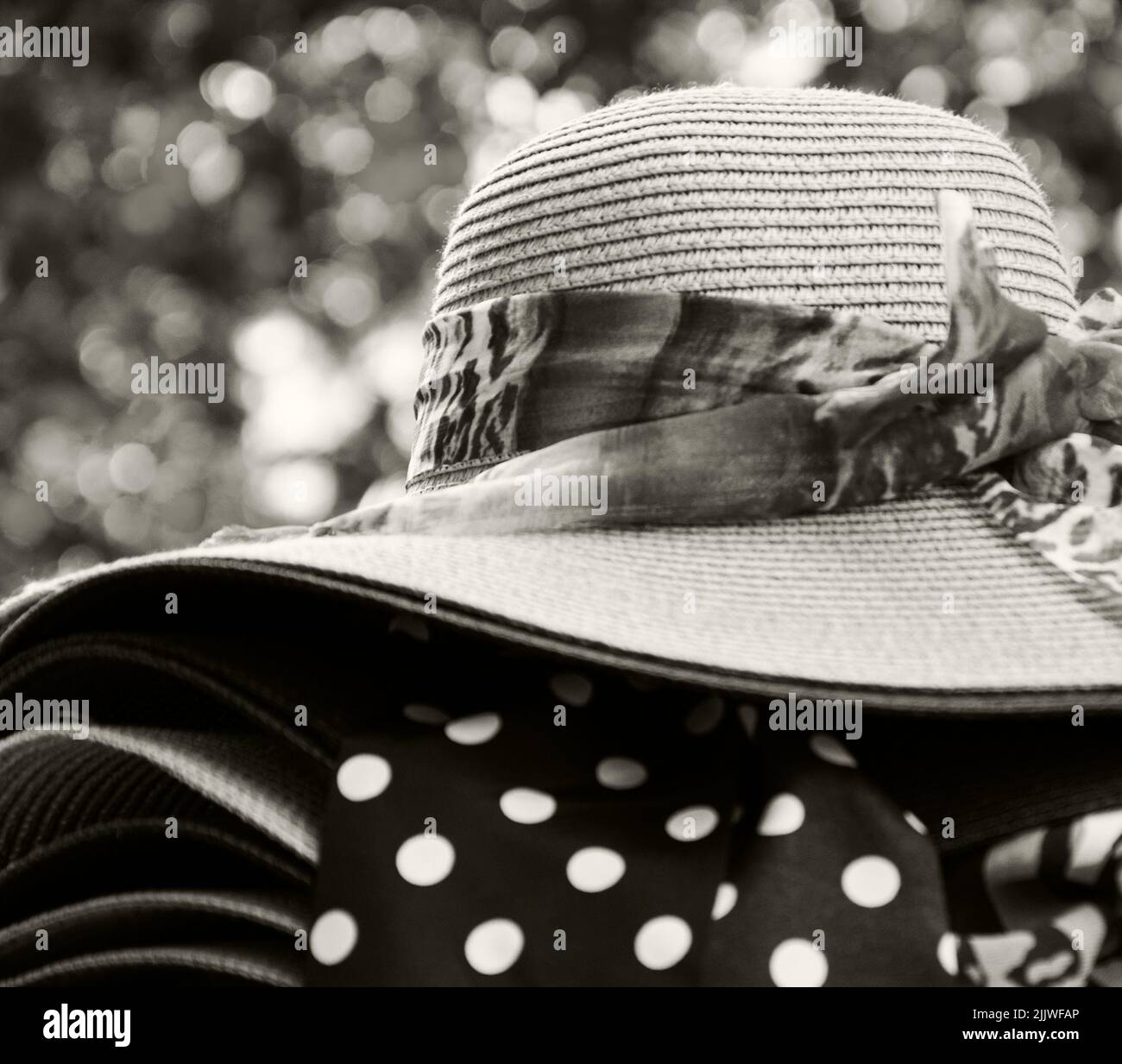 Female wicker hats with different bows for sale. Paris, France. Retro ...