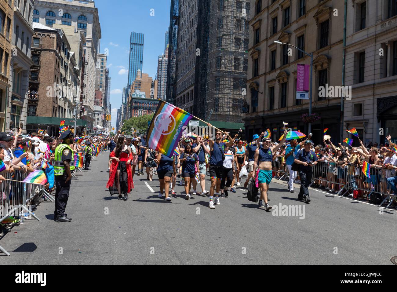 Cheerful people walking on the pride parade in New York City on June ...