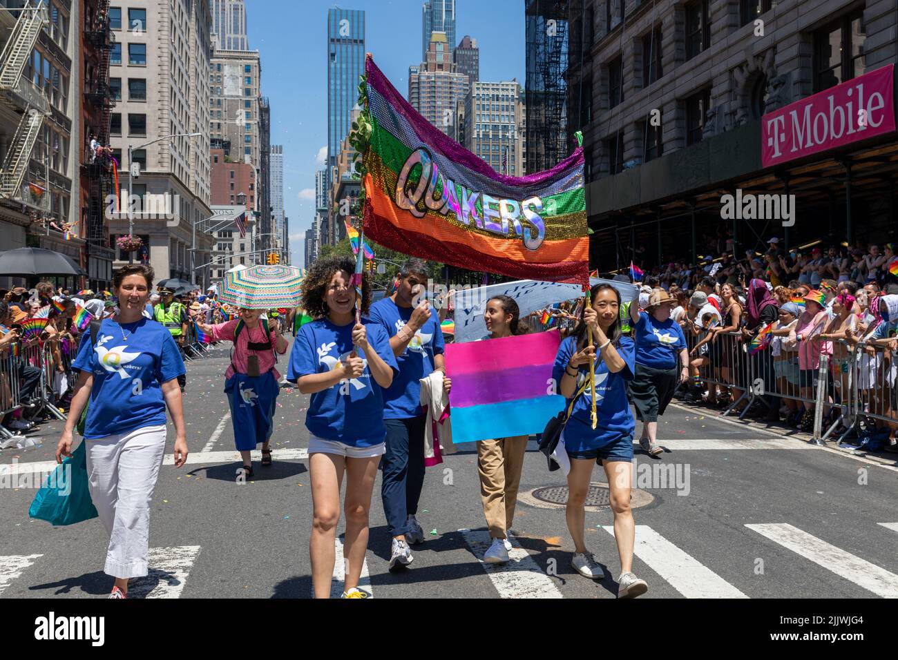 Cheerful people walking on the pride parade in New York City on June ...