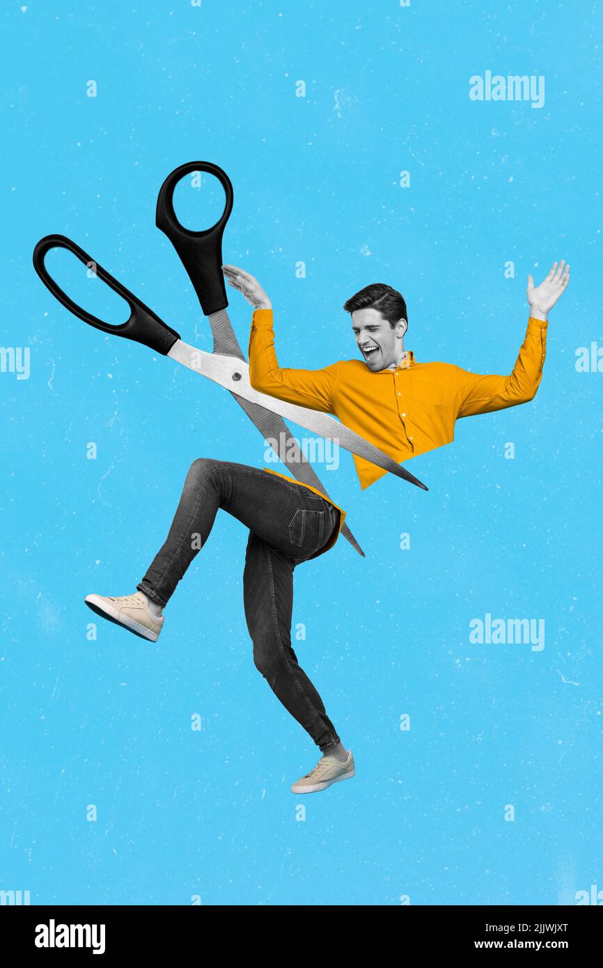 Vertical collage picture of excited carefree guy scissors cut divide ...