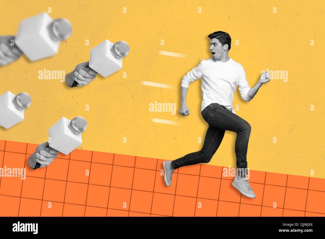 Photo cartoon comics sketch picture of hurrying guy running away from ...