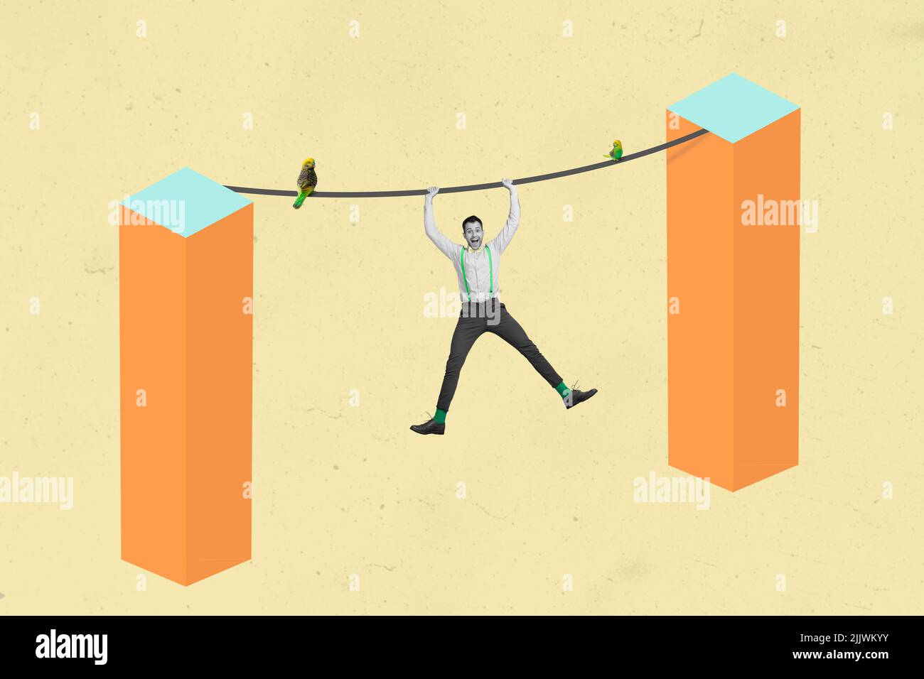 Collage 3d image of pinup pop retro sketch of fun guy hanging rope ...