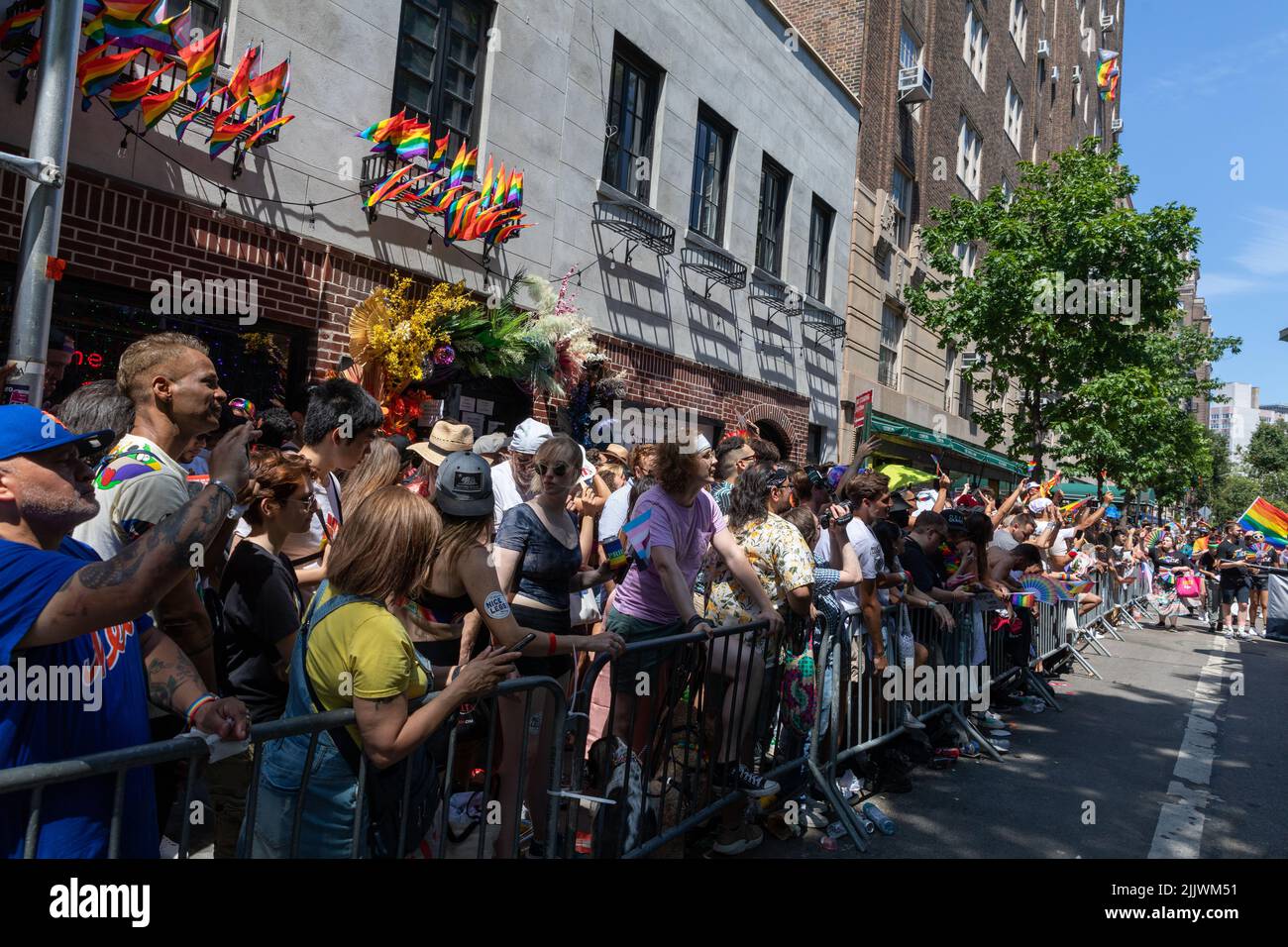 Cheerful people walking on the pride parade in New York City on June ...
