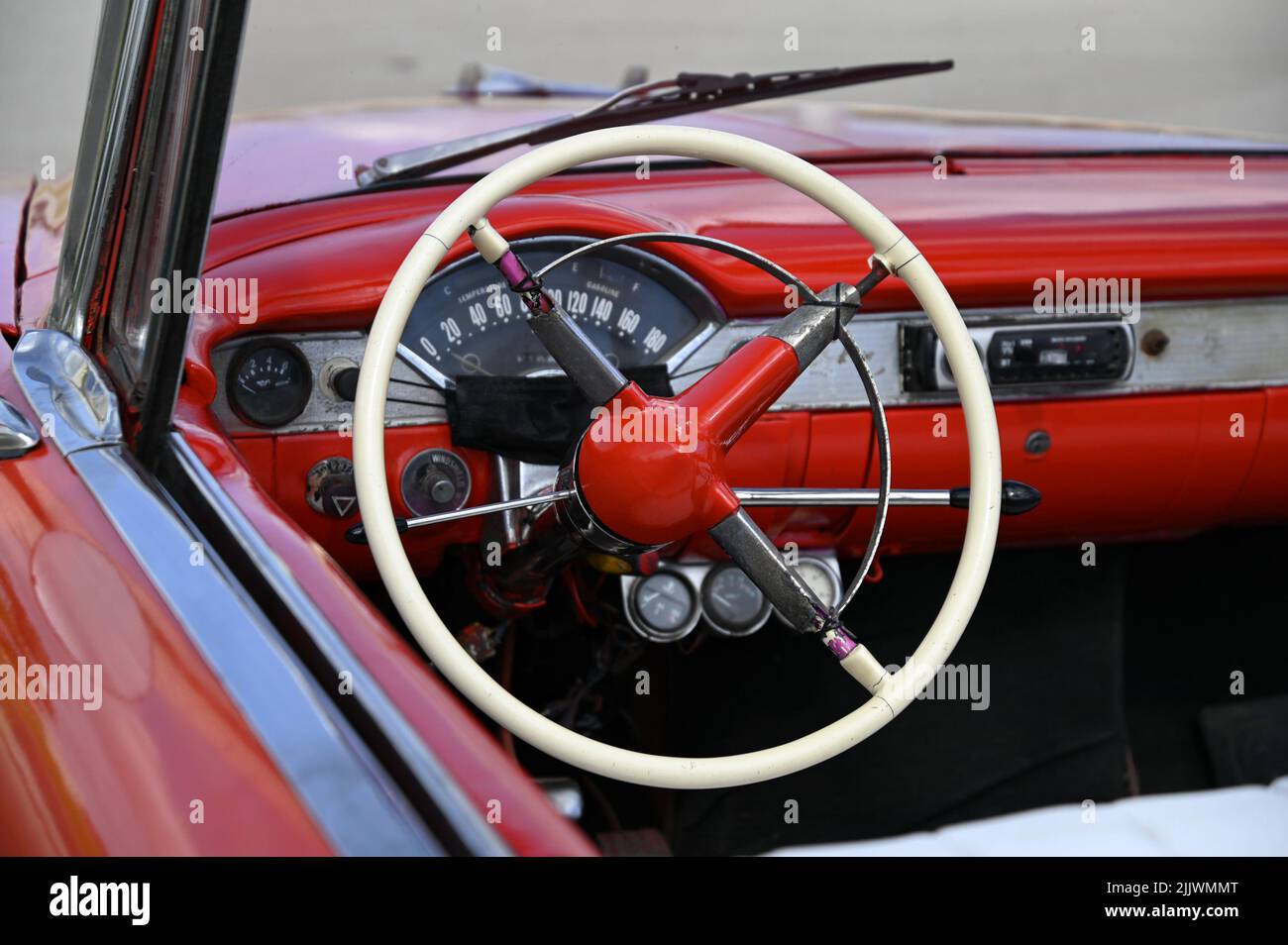 Vintage red 1950 Chevrolet Bel Air antique car interior, dashboard and ...