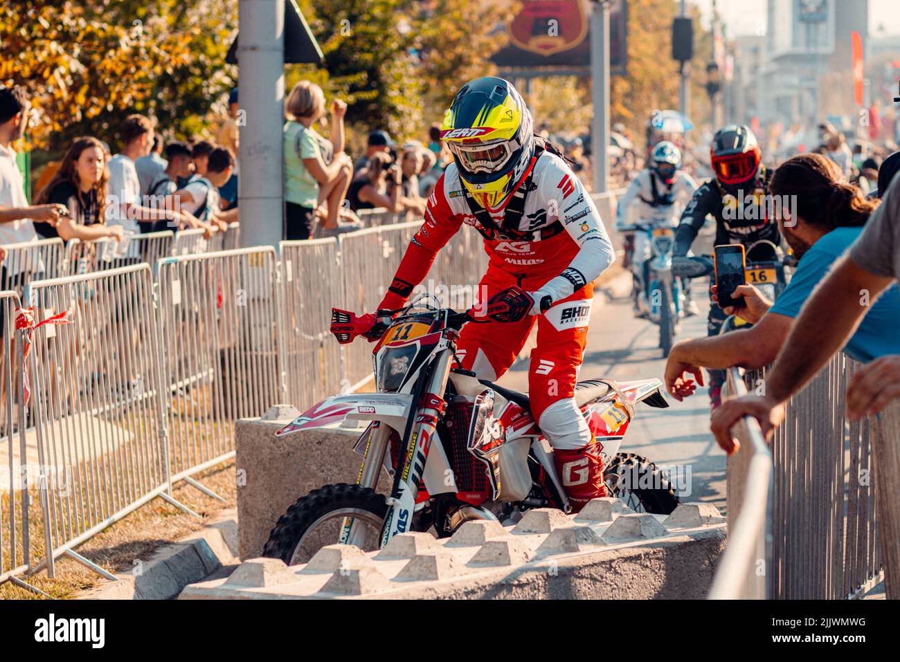 The viewers watching extreme moto racing in Sibiu city, Romania Stock ...
