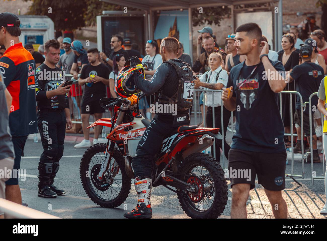 The viewers watching extreme moto racing in Sibiu city, Romania Stock ...