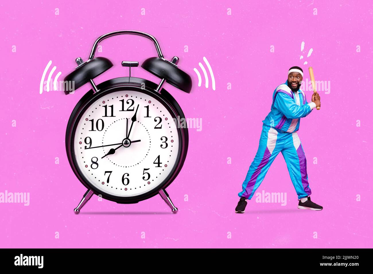 Creative retro 3d magazine image of funny guy beating ringing clock ...