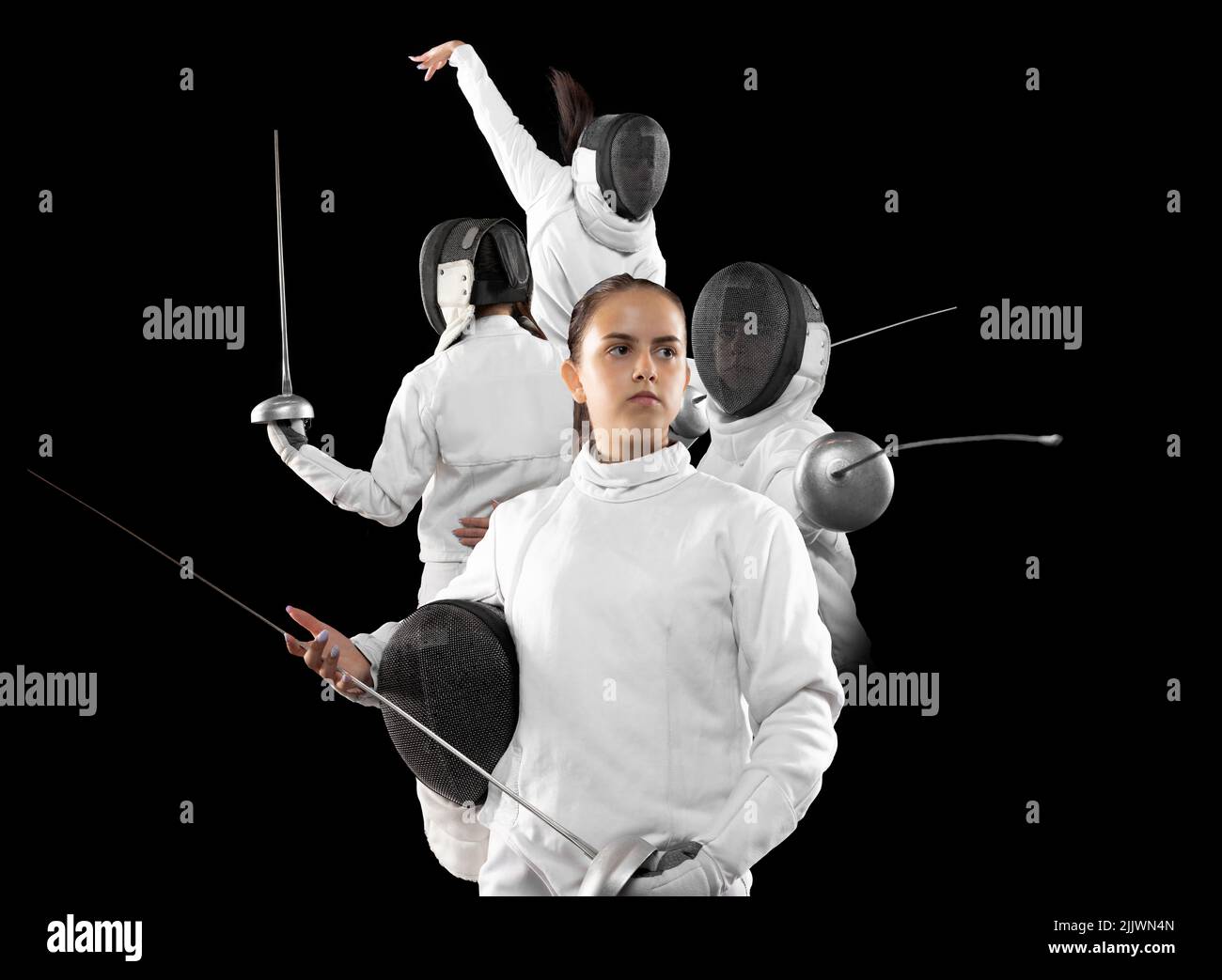 Young girl, fencer in fencing costume with sword in hand isolated on ...