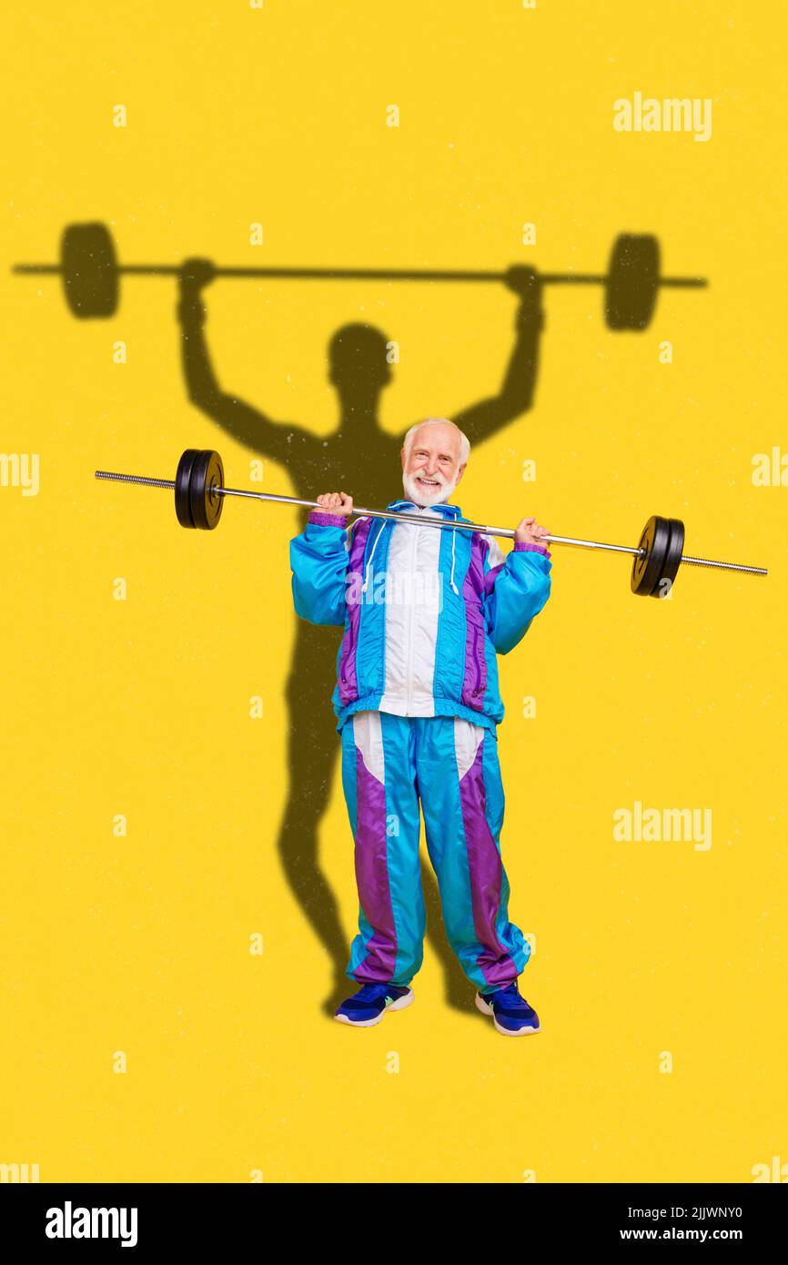 Creative retro 3d magazine image of funny old guy trying rise heavy ...