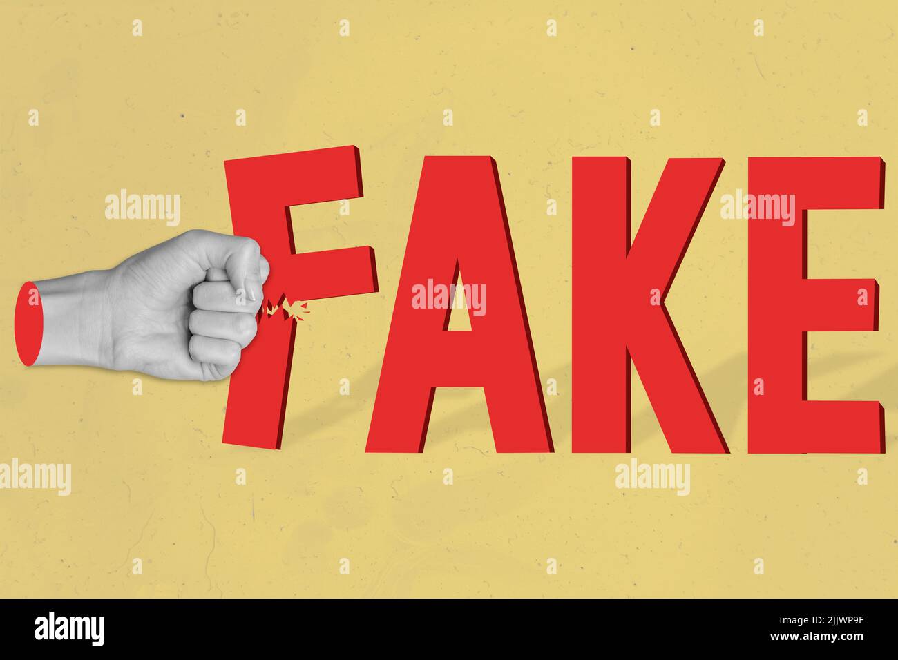 Creative abstract template graphics image of palm arm beating red fake ...