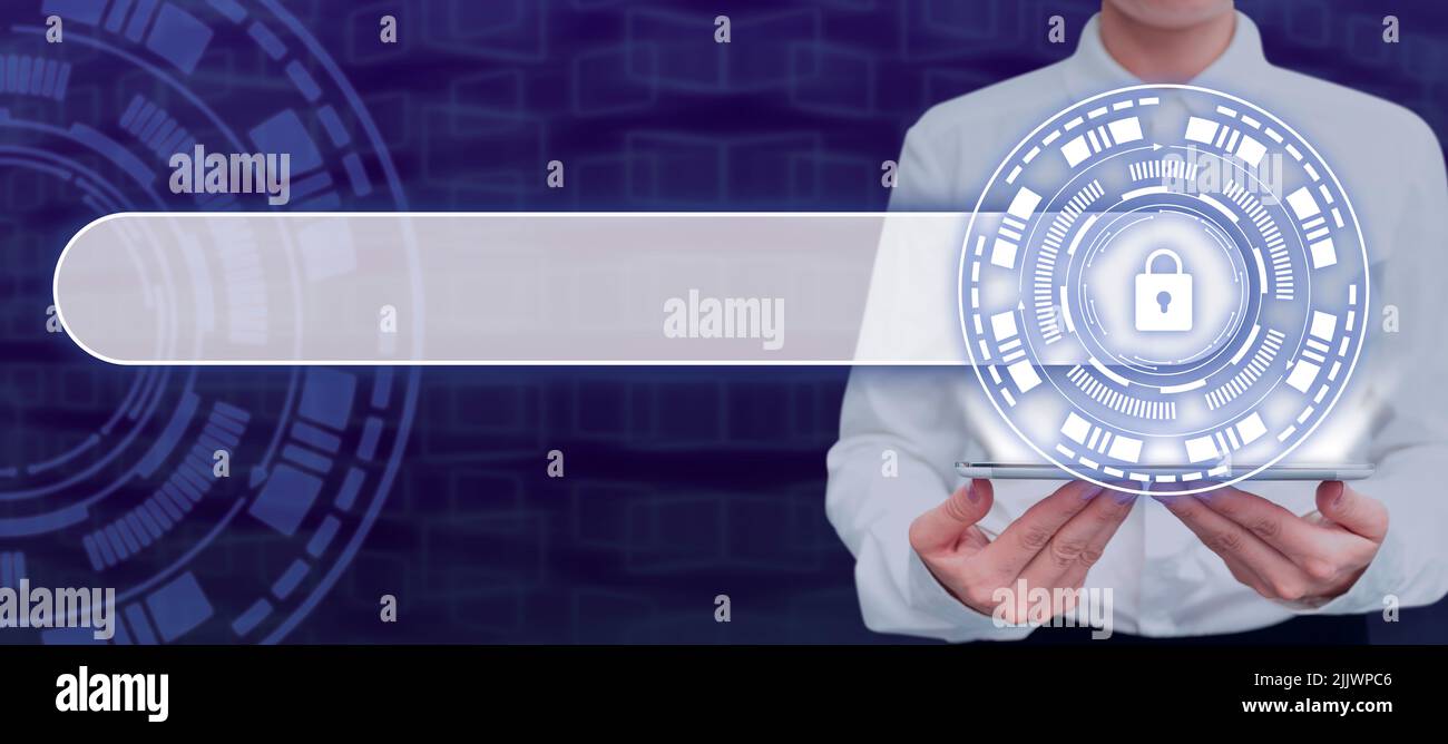 Businesswoman Holding Tablet By Futuristic Shield Protected Lock ...