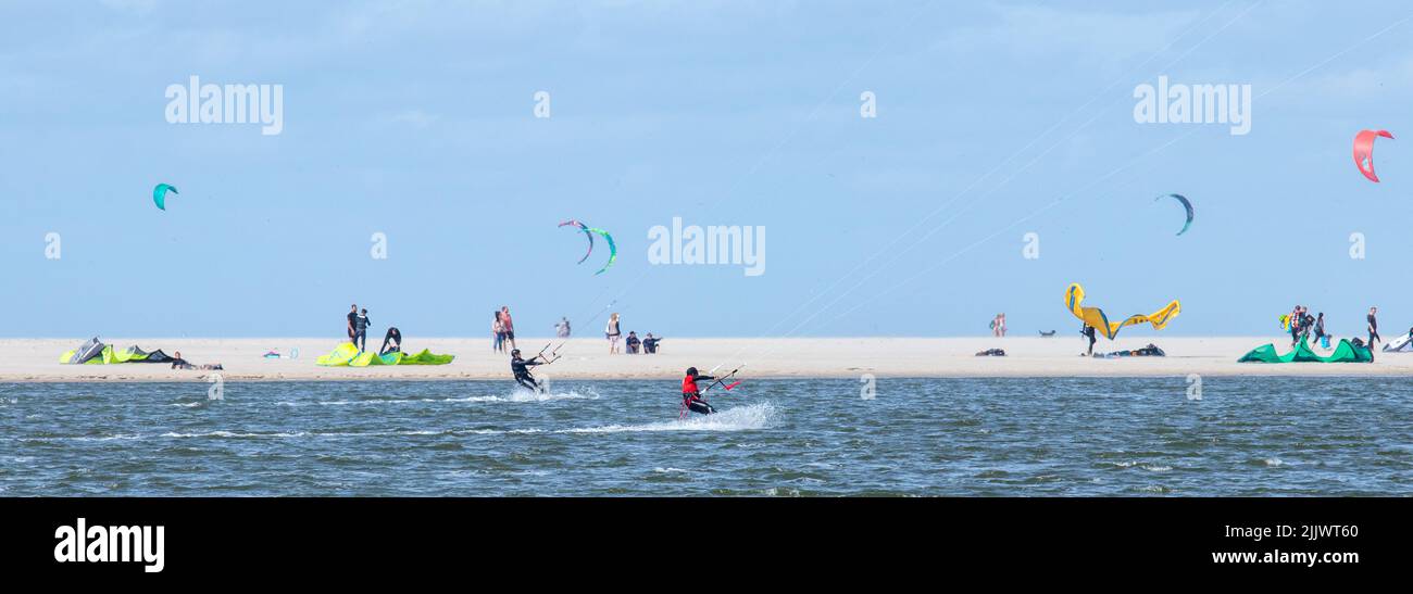 Kite surfing on a lagoon at the Sand Motor near The Hague, an ...