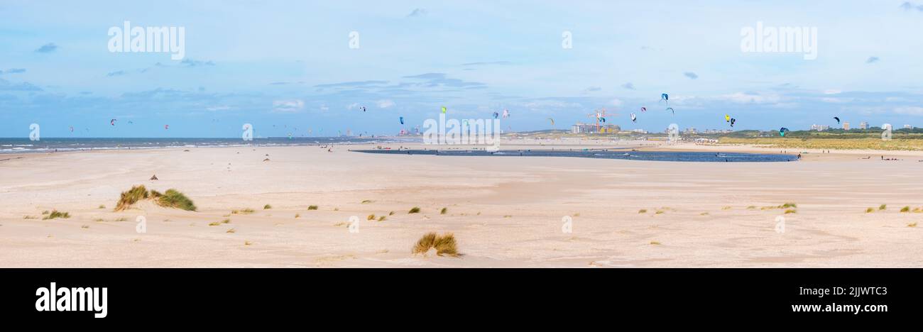 Kite surfing on a lagoon at the Sand Motor near The Hague, an ...