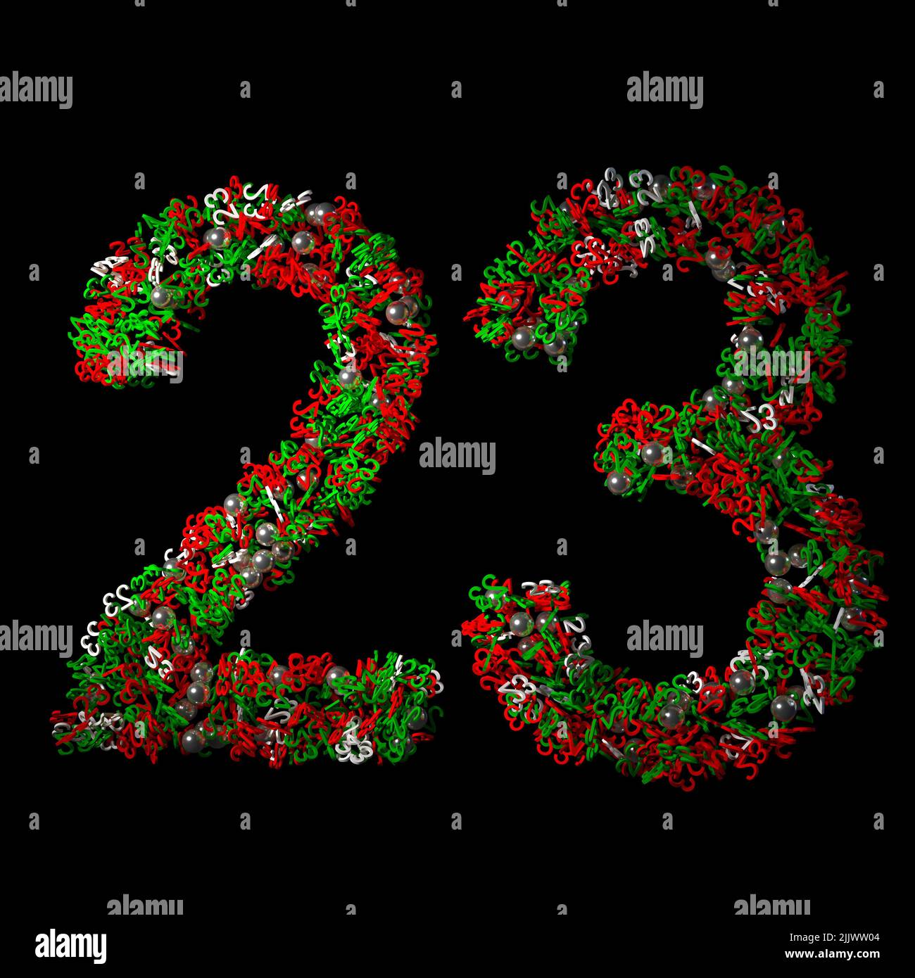 Scattered green and red Christmas like character isolated over a black ...