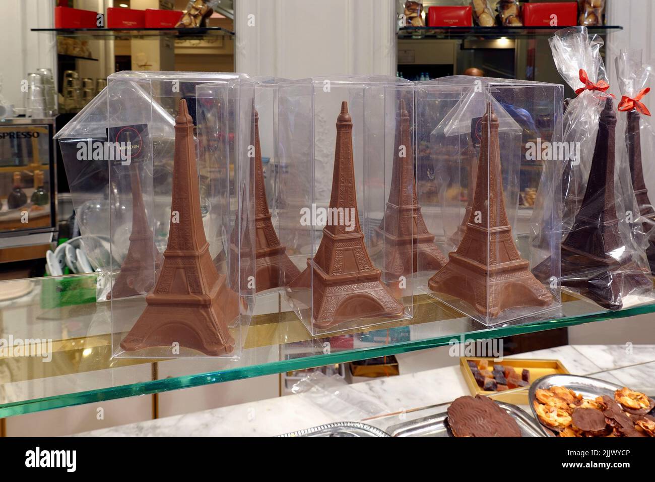 France, Paris, Tour Eiffel shaped chocolate on display in a pastry shop ...
