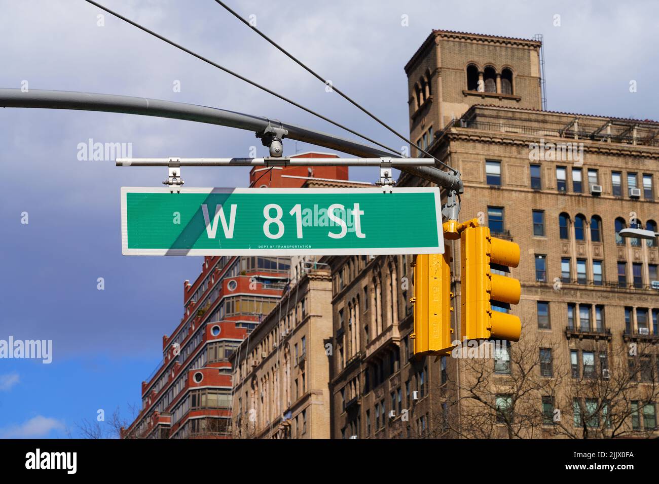 NEW YORK, NY -14 MAR 2021- View of a green sign for W. 81st Street in ...