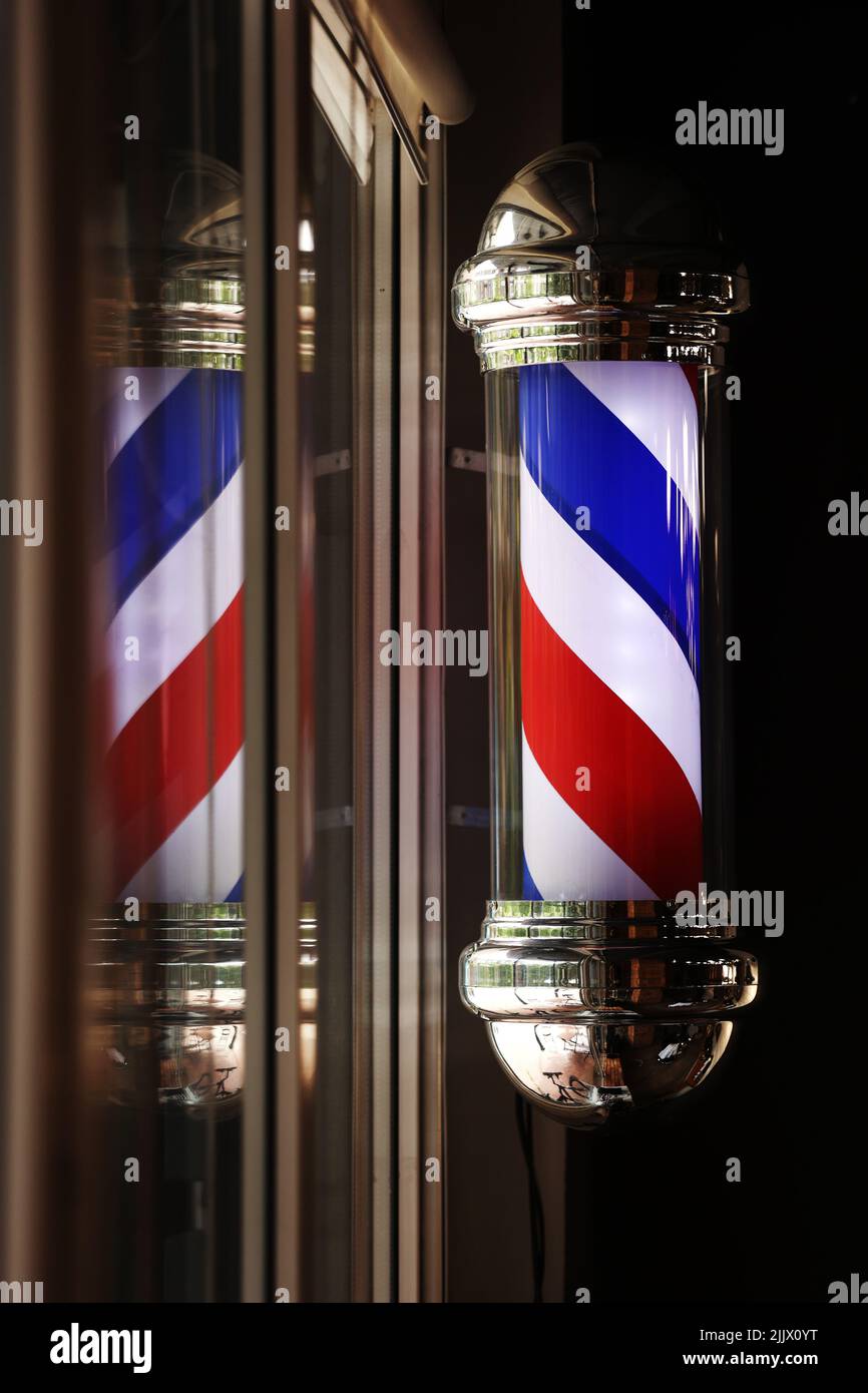 Barber shop vintage pole. copyspace Barbershop. Barber shop pole in red ...