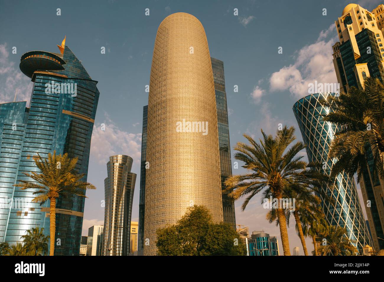 From below contemporary tower buildings and tropical palms located ...