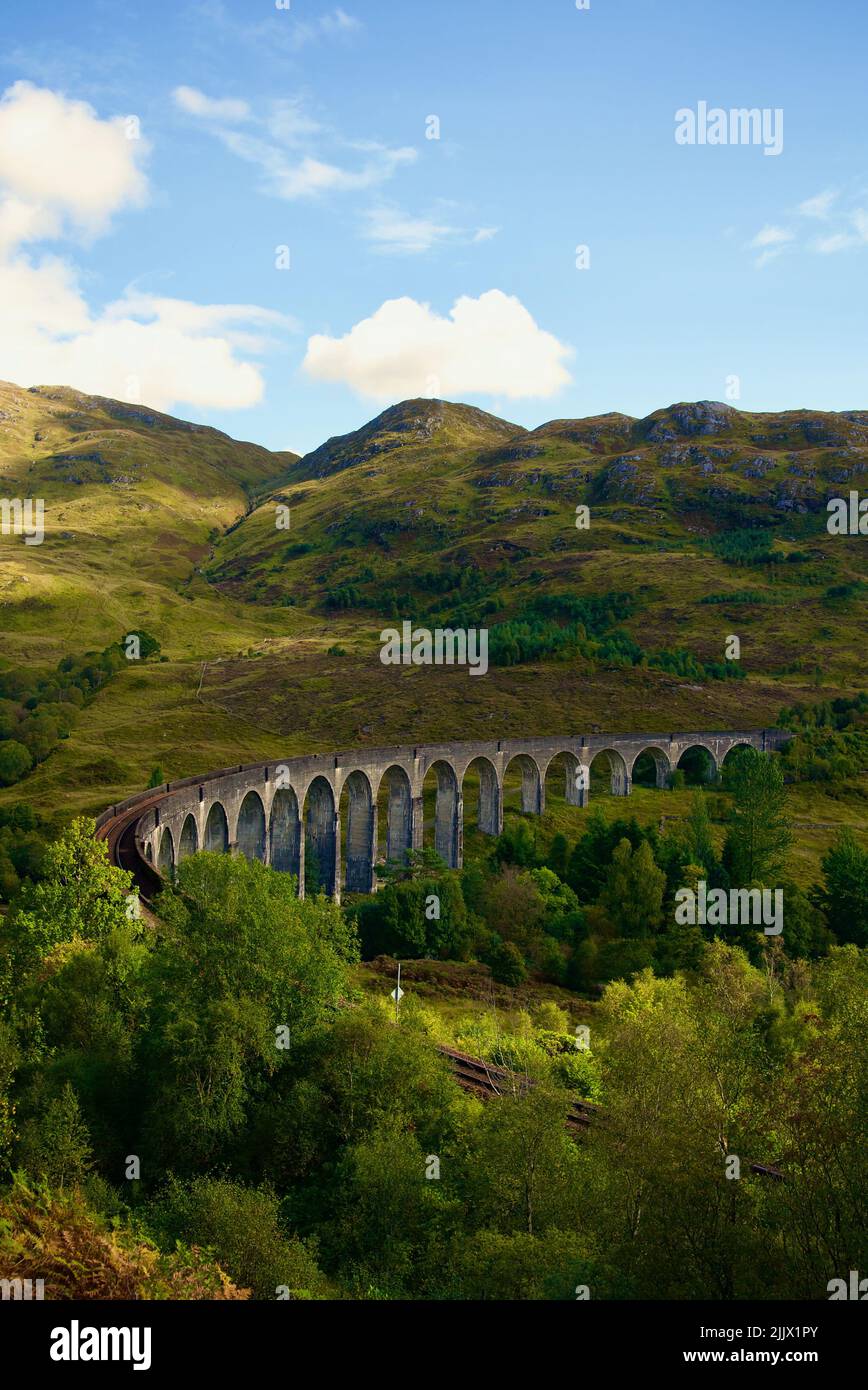 A vertical shot of the Glenfinnan railway Viaduct surrounded by green ...