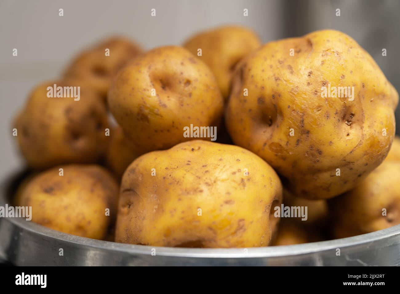 Pile of uncooked unpeeled round yellow potatoes in metal pan placed in ...