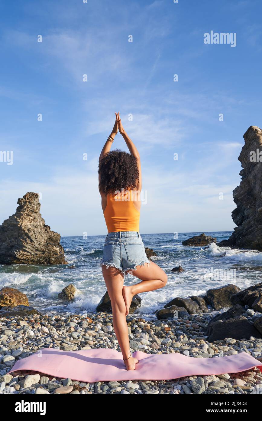 Full body back view of anonymous barefoot female practicing Vrikshasana ...