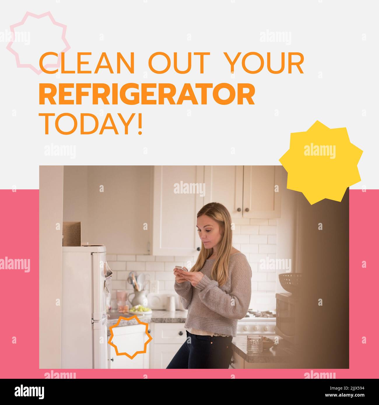 Image of clean out you refrigerator today over caucasian woman in ...
