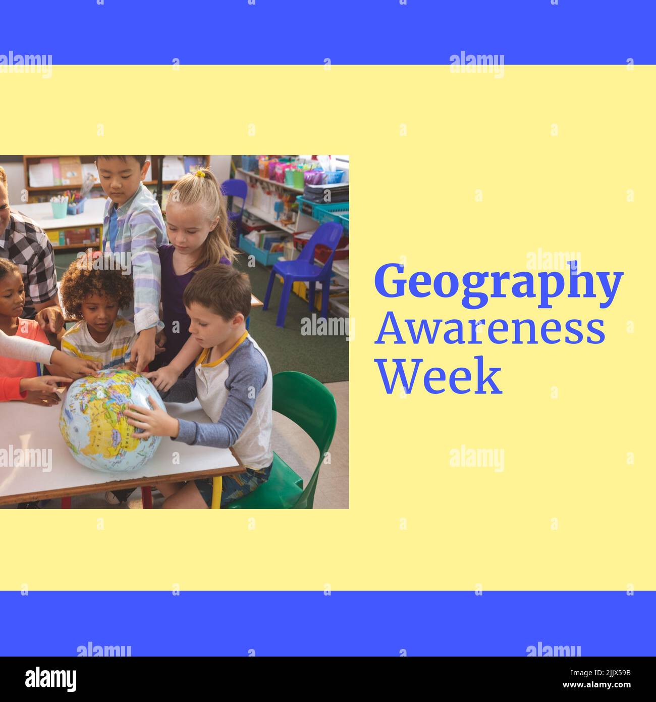 Image of geography awareness week over class of diverse pupils with ...